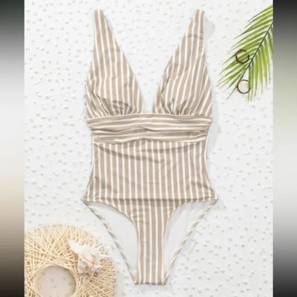 Swim | Striped High Waisted Plunging Neck One Piece Monokini Swimsuit | Poshmark